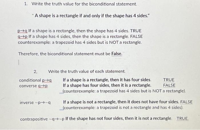 Solved 1. Write the truth value for the biconditional | Chegg.com