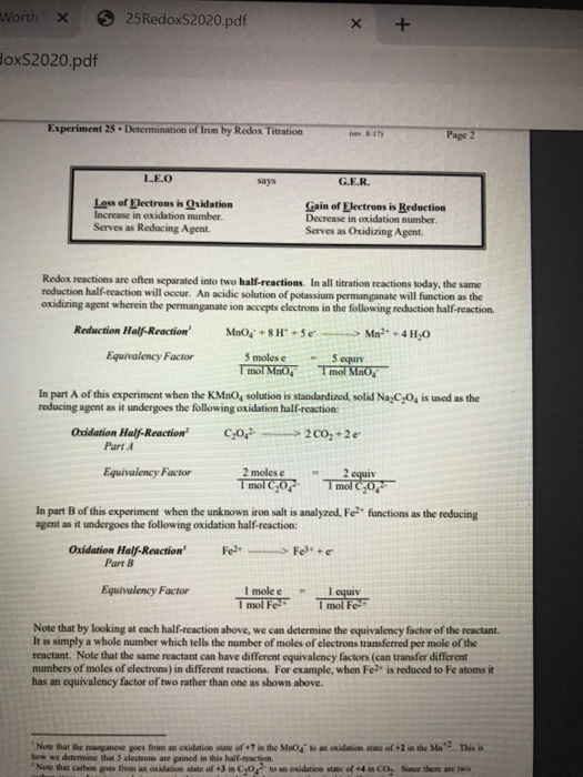 Solved xperiment 25. Determination of Iron by Redox | Chegg.com