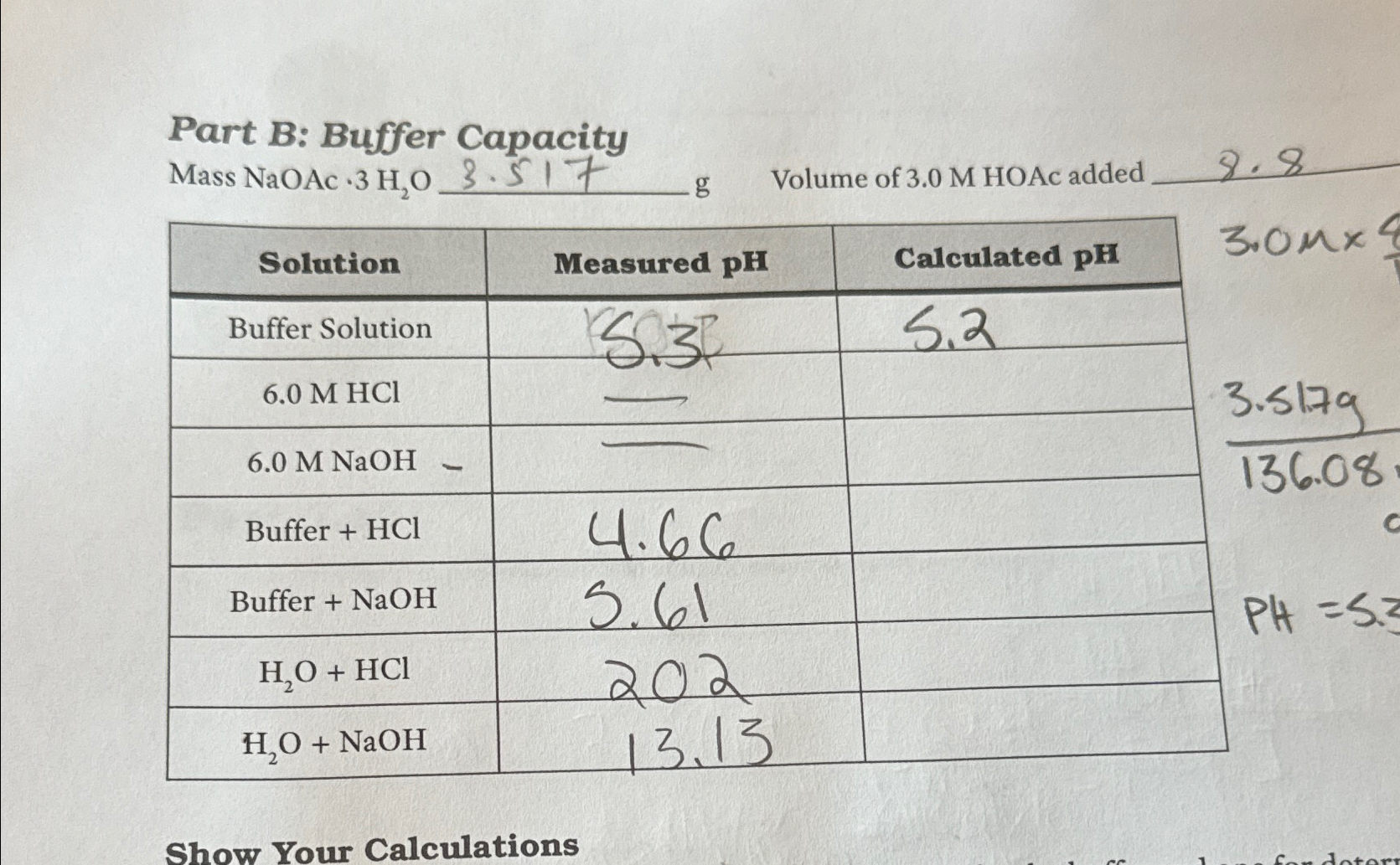 Part B: Buffer CapacityMass NaOAc*3H2O3.517 ﻿gVolume | Chegg.com