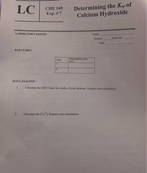 DATA TABLE DATA ANALYSIS 1. Calculate the [OH] from | Chegg.com