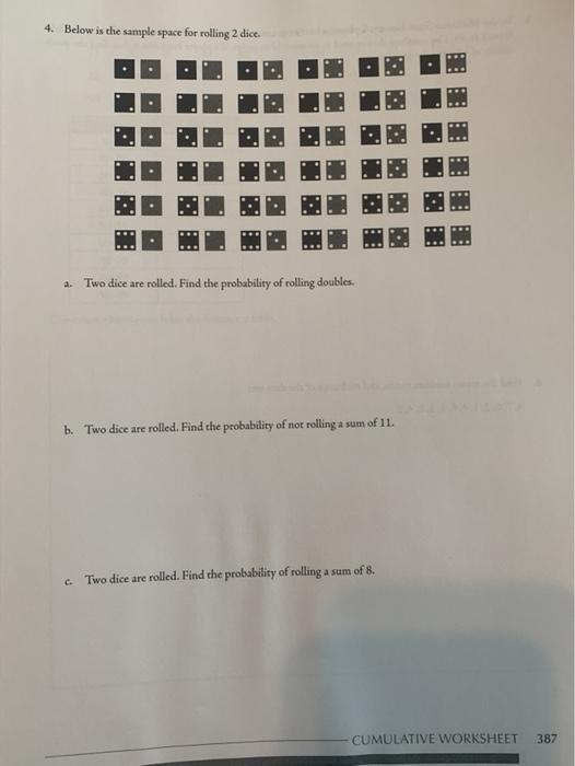 Solved 4. Below is the sample space for rolling 2 dice. 2. | Chegg.com