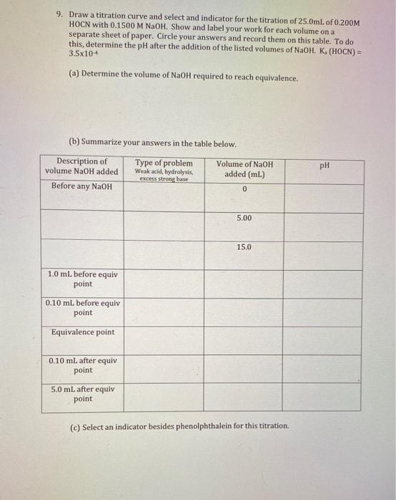 9. Draw a titration curve and select and indicator | Chegg.com