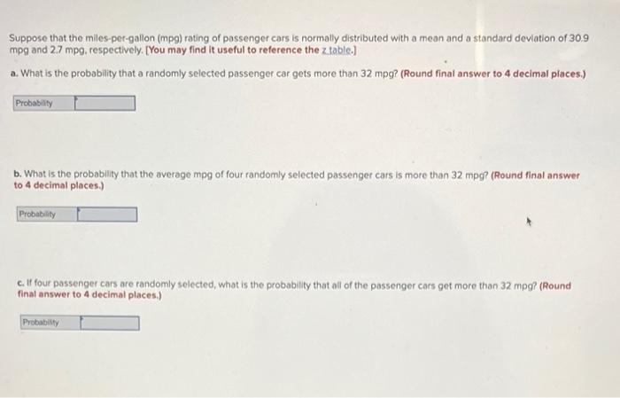 Solved Suppose that the miles-per-gallon (mpg) rating of | Chegg.com