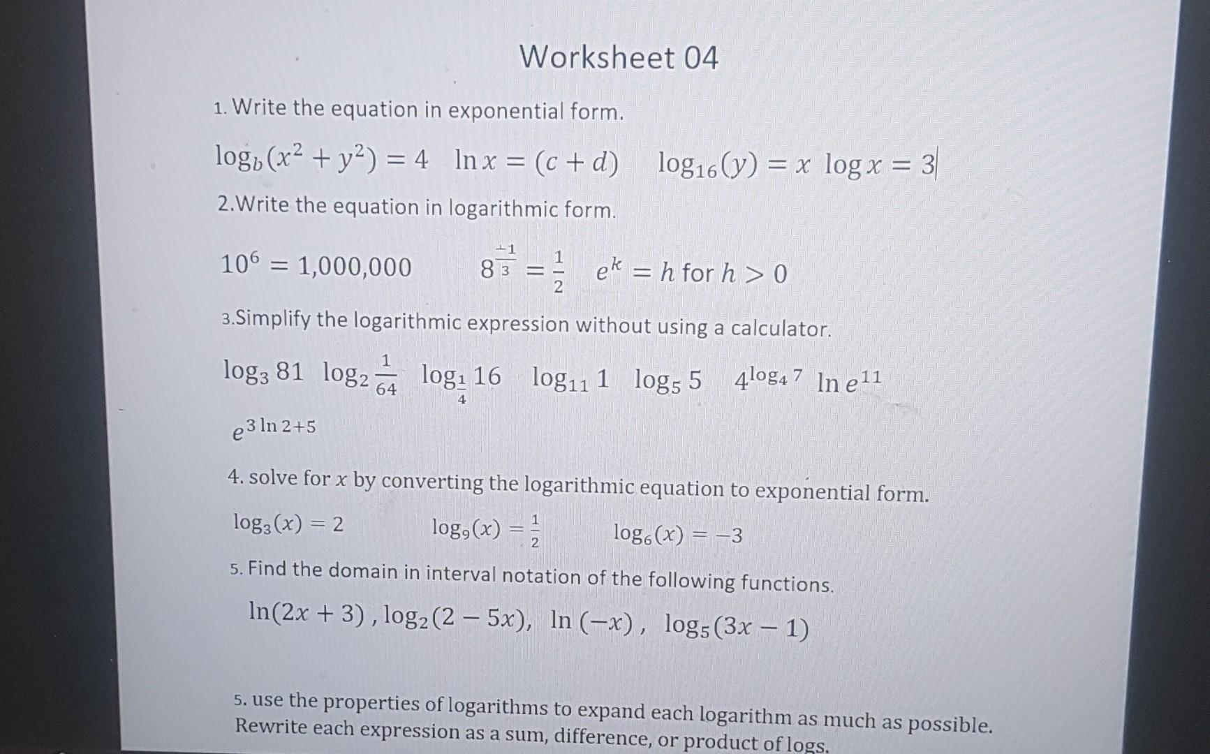 Solved Worksheet 04 1. Write the equation in exponential | Chegg.com