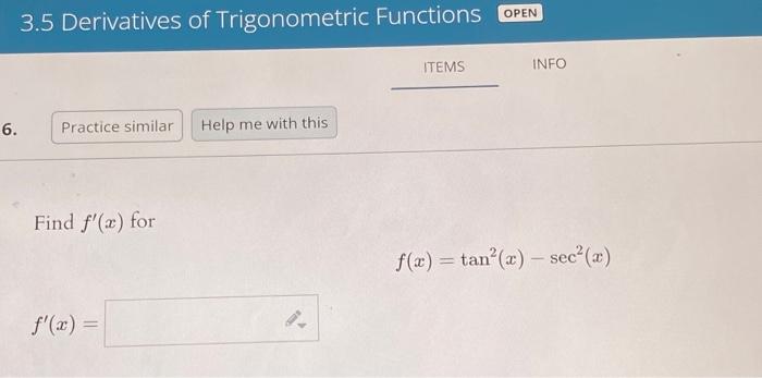 Solved Find f′(x) for f(x)=tan2(x)−sec2(x) f′(x)=Find f′(x) | Chegg.com