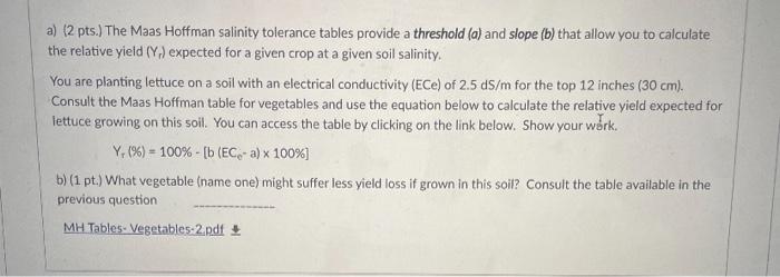 a) (2 pts.) The Maas Hoffman salinity tolerance | Chegg.com