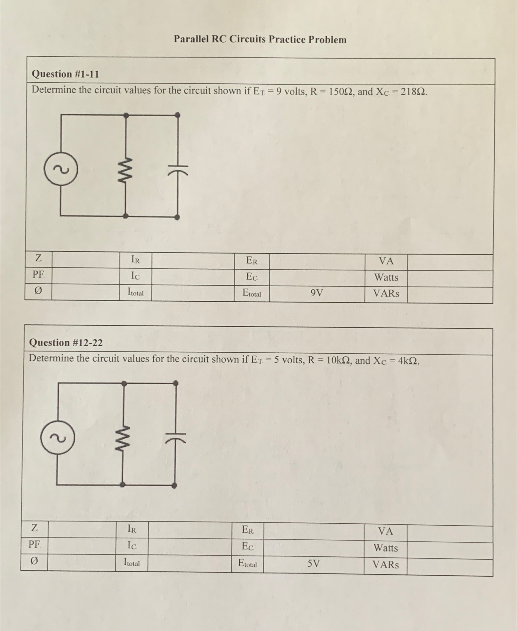 Solved Parallel RC Circuits Practice ProblemQuestion | Chegg.com