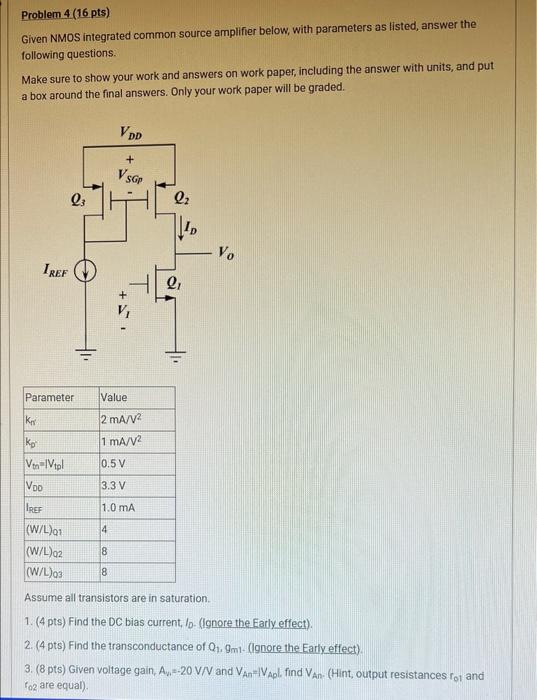 Solved Problem 4 (16pts) Given NMOS integrated common source | Chegg.com
