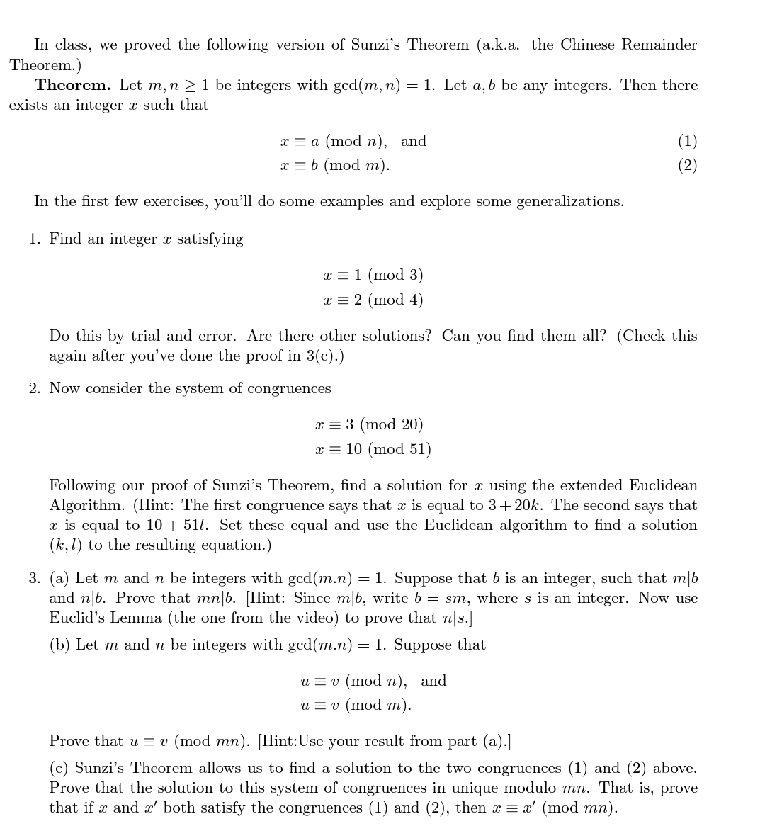 Solved In class, we proved the following version of Sunzi's | Chegg.com