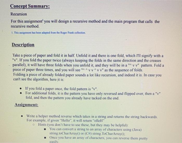 Solved Concept Summary: Recursion For this assignment' you | Chegg.com