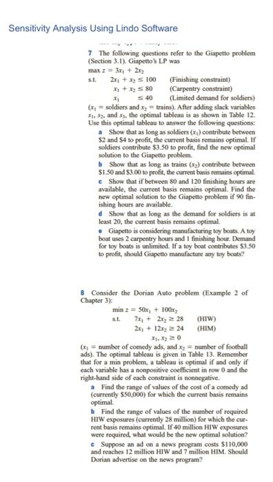Solved Sensitivity Analysis Using Lindo Software st 7 The | Chegg.com