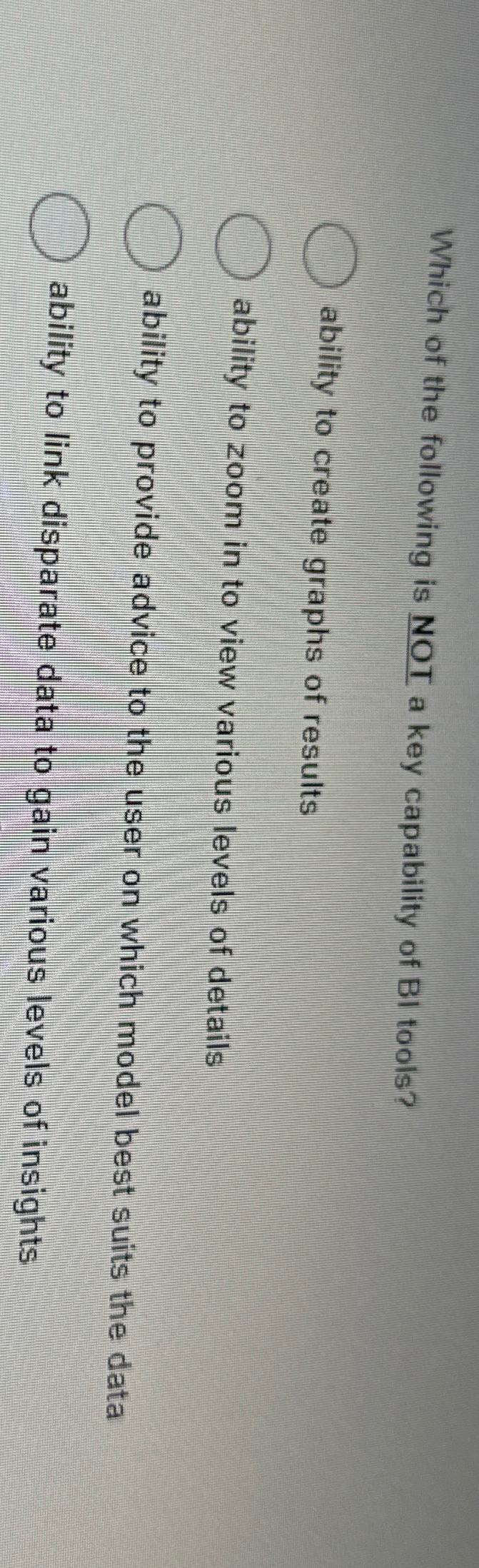 Solved Which of the following is NOT a key capability of BI | Chegg.com