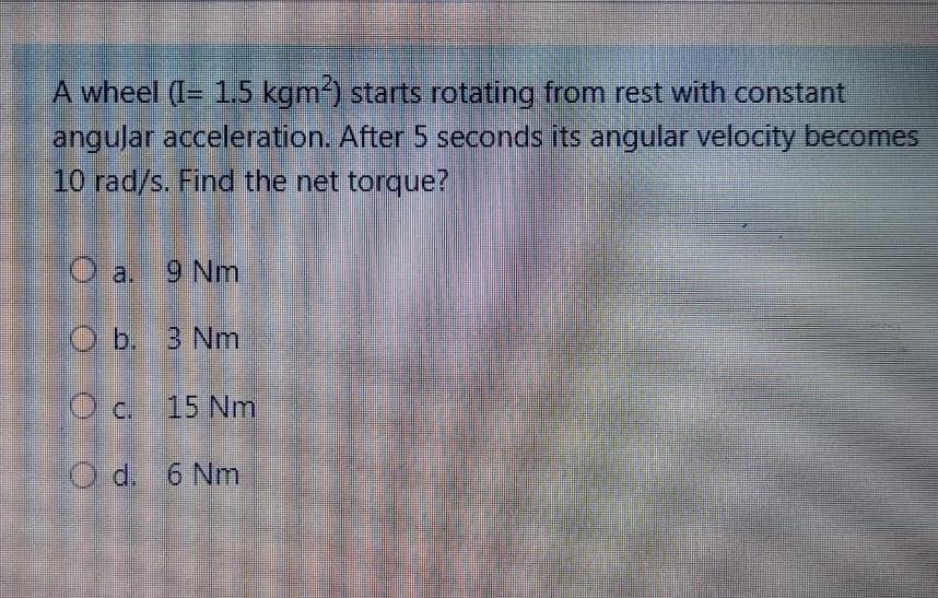 Solved A wheel (I= 1.5 kgm”) starts rotating from rest with | Chegg.com