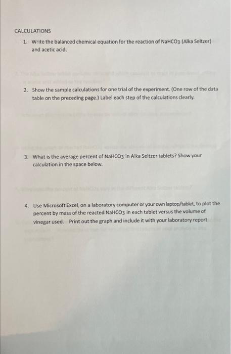 Solved CALCULATIONS 1. Write the balanced chemical equation | Chegg.com