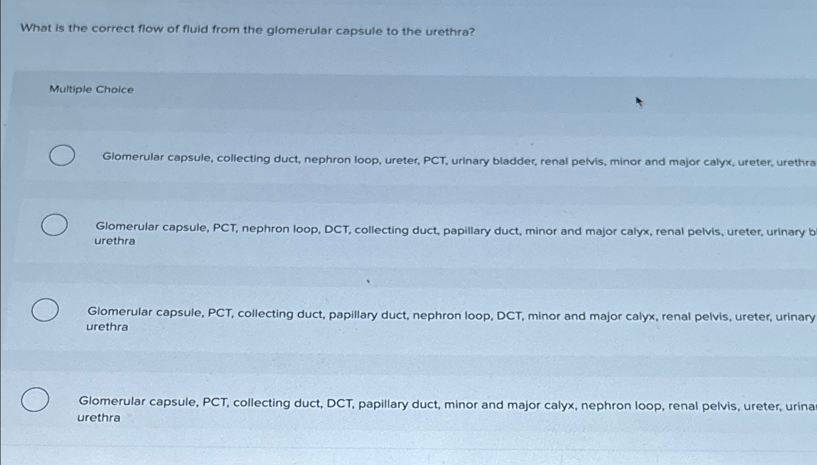 Solved What is the correct flow of fluid from the glomerular | Chegg.com