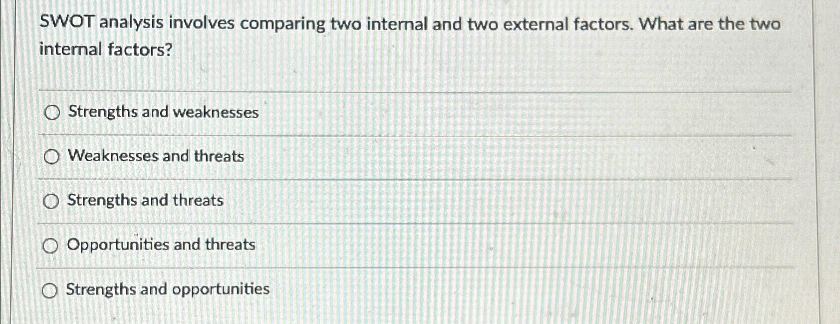 Solved SWOT analysis involves comparing two internal and two | Chegg.com