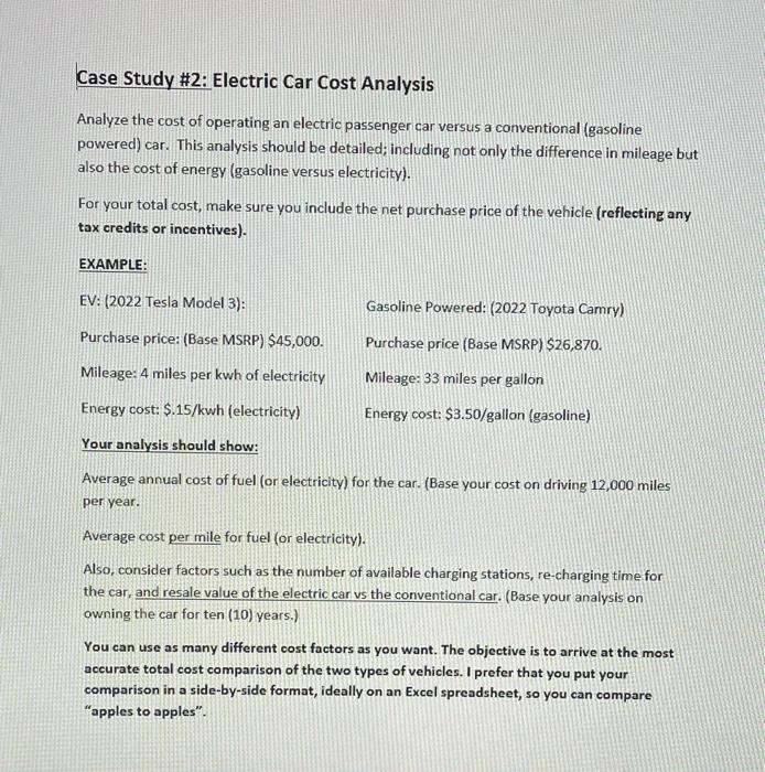 Solved Case Study #2: Electric Car Cost Analysis Analyze the | Chegg.com