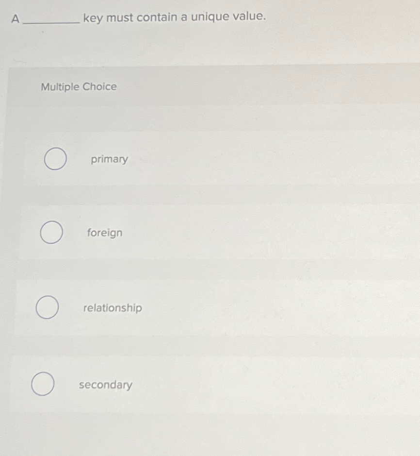 Solved Akey must contain a unique value.Multiple | Chegg.com