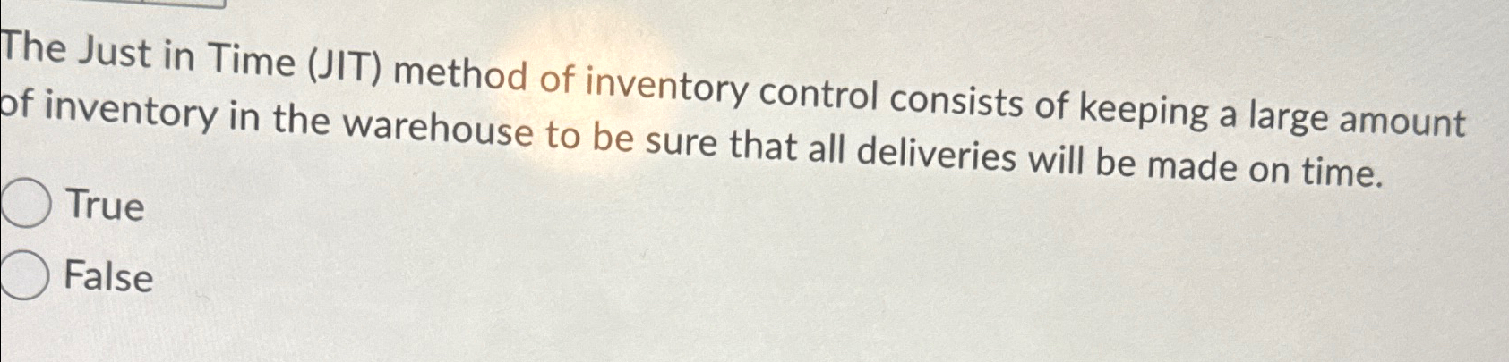 Solved The Just in Time (JIT) ﻿method of inventory control | Chegg.com