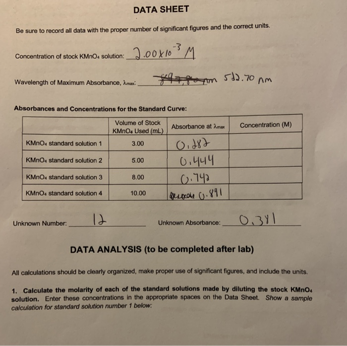 Solved DATA SHEET Be sure to record all data with the proper | Chegg.com
