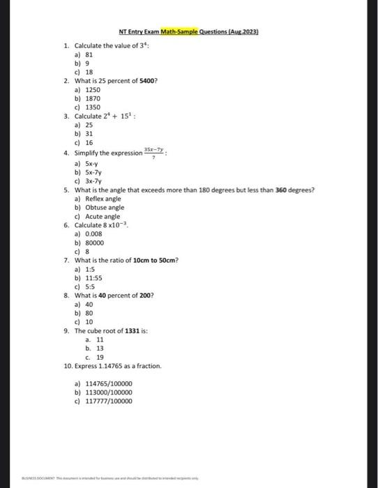 Solved 1. Calculate the value of 34 : a) 81 b) 9 c) 18 2. | Chegg.com