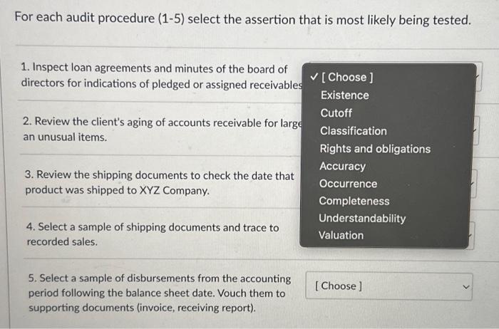 Solved For each audit procedure (1-5) select the assertion | Chegg.com