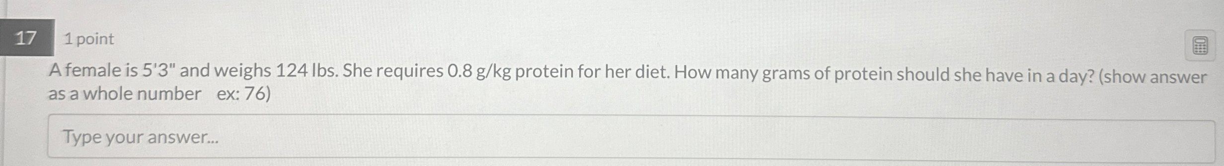 Solved 171 ﻿pointA female is 5'3'' ﻿and weighs 124lbs. ﻿She | Chegg.com
