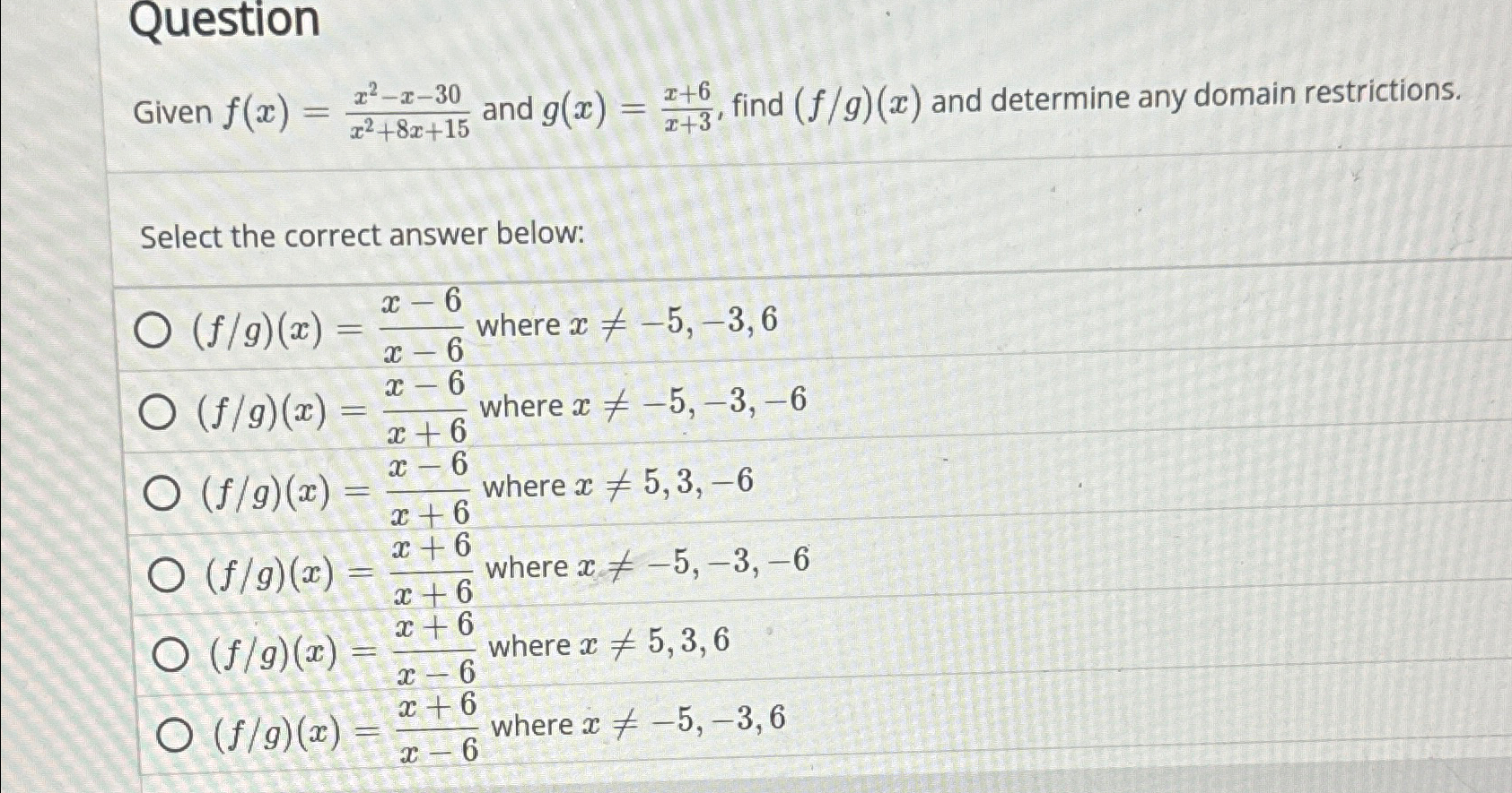 Solved QuestionGiven f(x)=x2-x-30x2+8x+15 ﻿and g(x)=x+6x+3, | Chegg.com