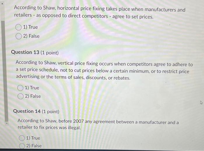 According to Shaw, horizontal price fixing takes | Chegg.com
