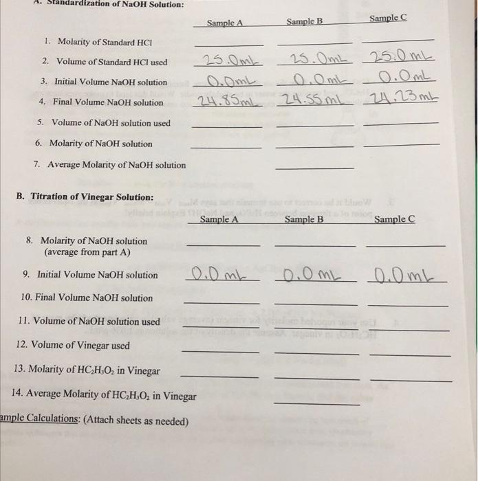 B. Titration of Vinegar Solution: Sample A Sample B | Chegg.com