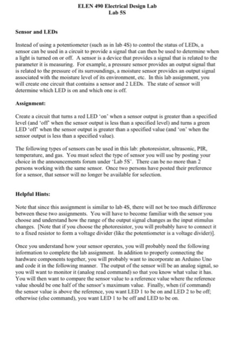 ELEN 490 Electrical Design Lab Lab 5S Sensor and LEDs | Chegg.com