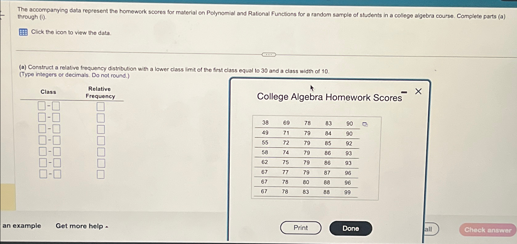 Solved The accompanying data represent the homework scores | Chegg.com
