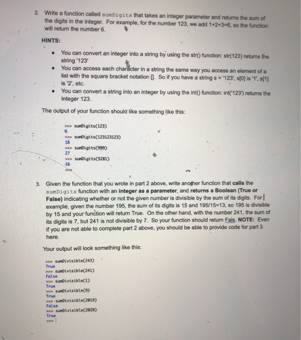 Solved 2 Write A Function Called Sumdigits That Takes An 6753