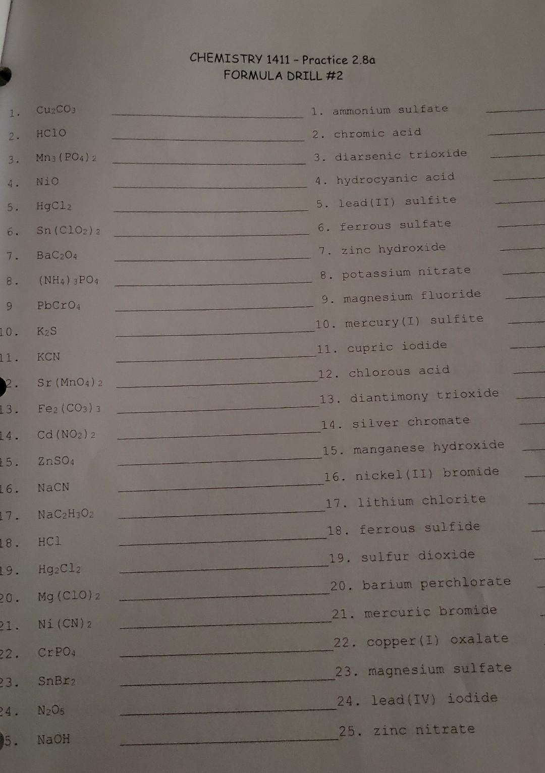 Solved CHEMISTRY 1411 - Practice 2.8a FORMULA DRILL \#2 1. | Chegg.com