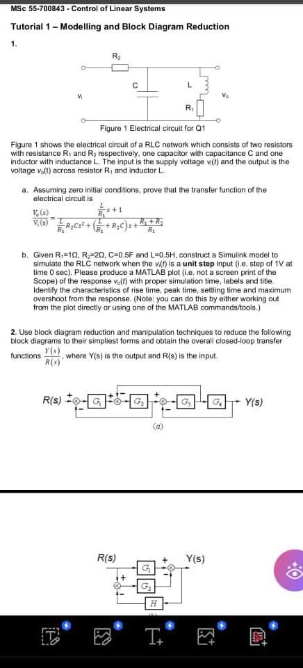 Solved Tutorial 1-Modelling and Block Diagram Reduction 1. | Chegg.com