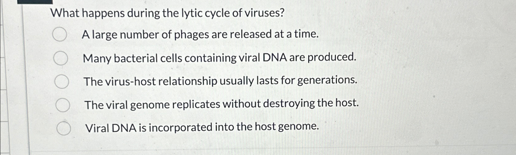 Solved What happens during the lytic cycle of viruses?A | Chegg.com