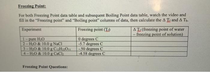 Solved Freezing Point: For both Freezing Point data table | Chegg.com
