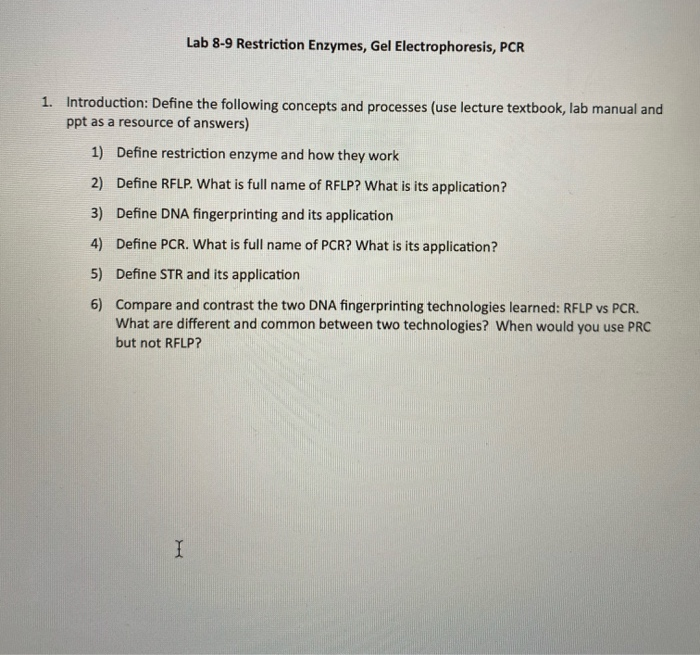 Solved Lab 8-9 Restriction Enzymes, Gel Electrophoresis, PCR | Chegg.com