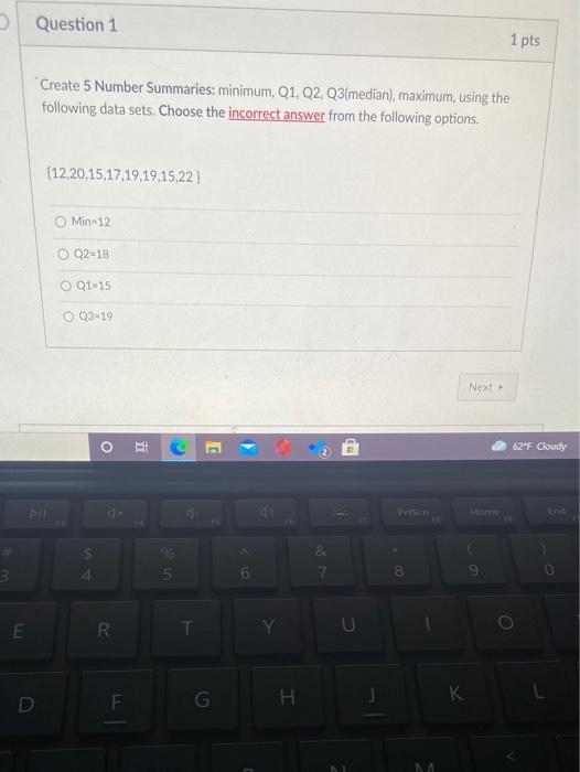 Solved Question 1 1 pts "Create 5 Number Summaries: minimum, | Chegg.com