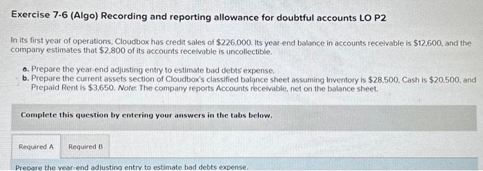 Solved Exercise 7.6 (Algo) Recording and reporting allowance | Chegg.com