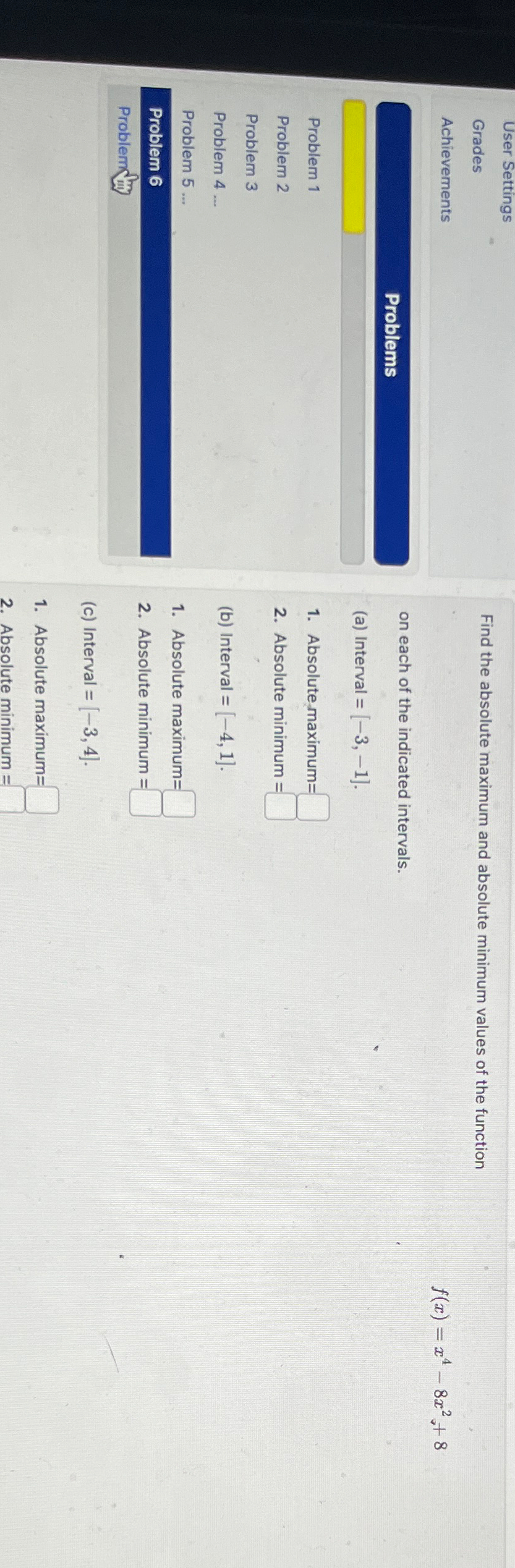 Solved User SettingsGradesAchievementsProblemsProblem | Chegg.com