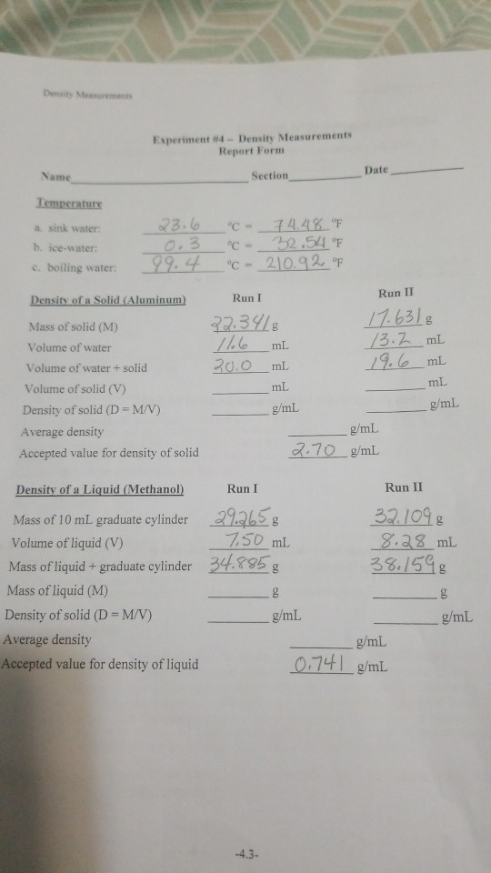 Solved Den Measurements Experiment #4 - Density Measurements | Chegg.com