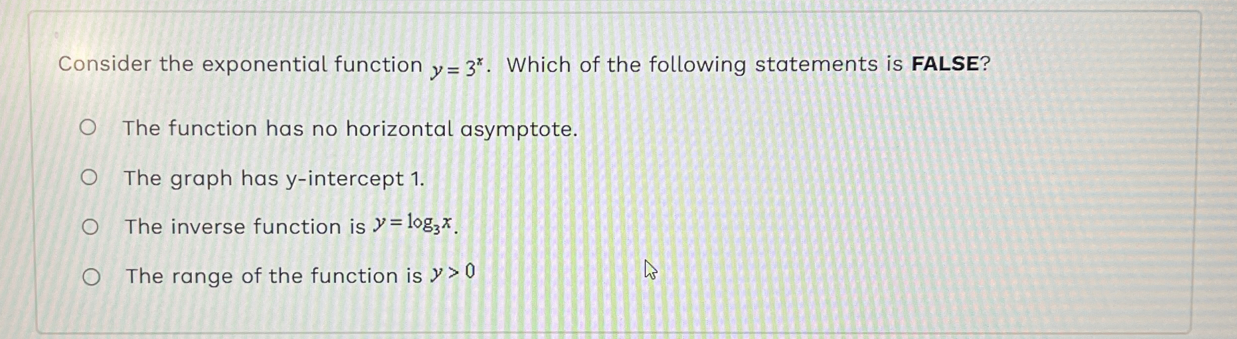 Solved Consider the exponential function y=3x. ﻿Which of the | Chegg.com
