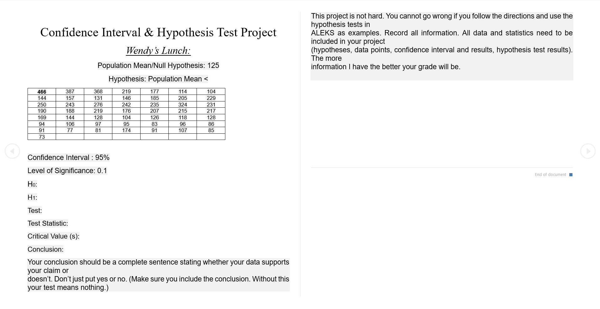 Solved Confidence Interval & Hypothesis Test ProjectWendy's | Chegg.com