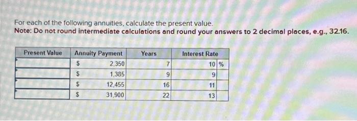 Solved For each of the following annuities, calculate the | Chegg.com