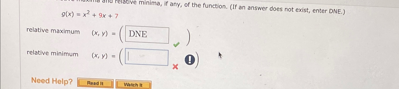 Solved g(x)=x2+9x+7relative maximum ,(x,y)=( ) ﻿relative | Chegg.com