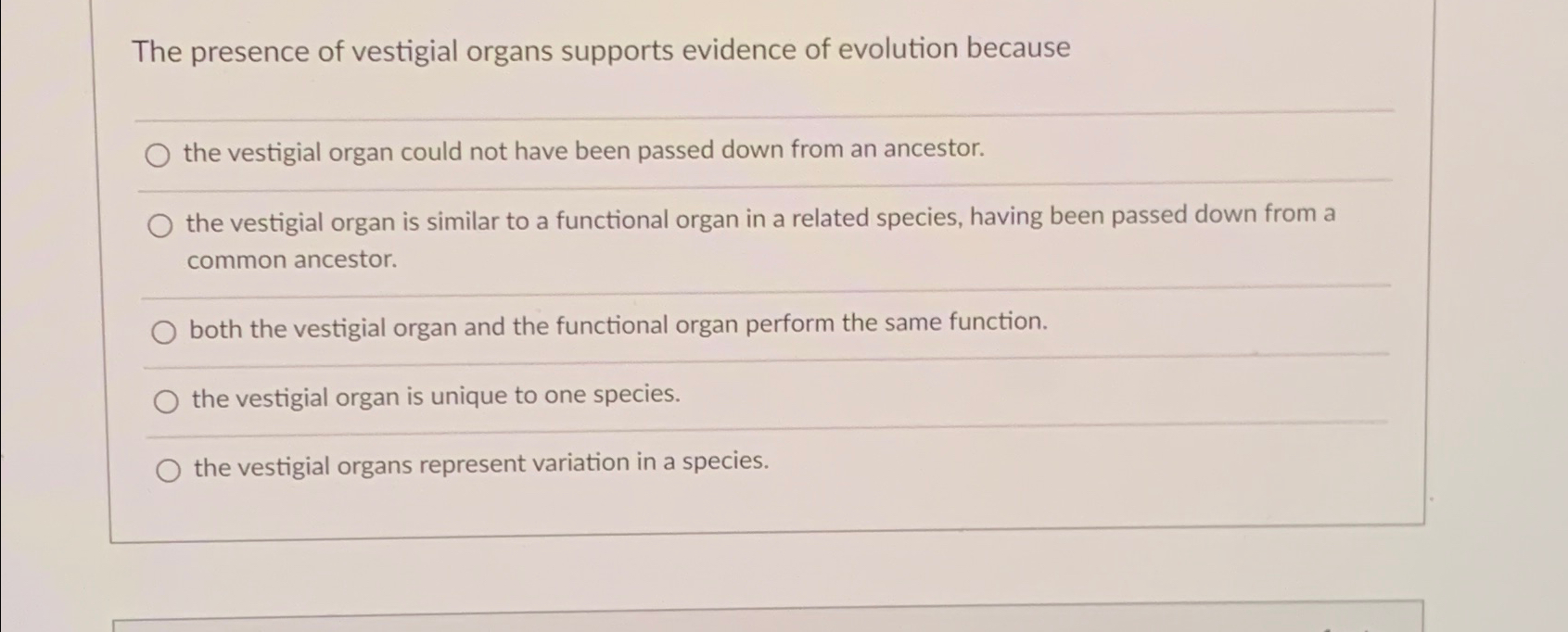 Solved The presence of vestigial organs supports evidence of | Chegg.com