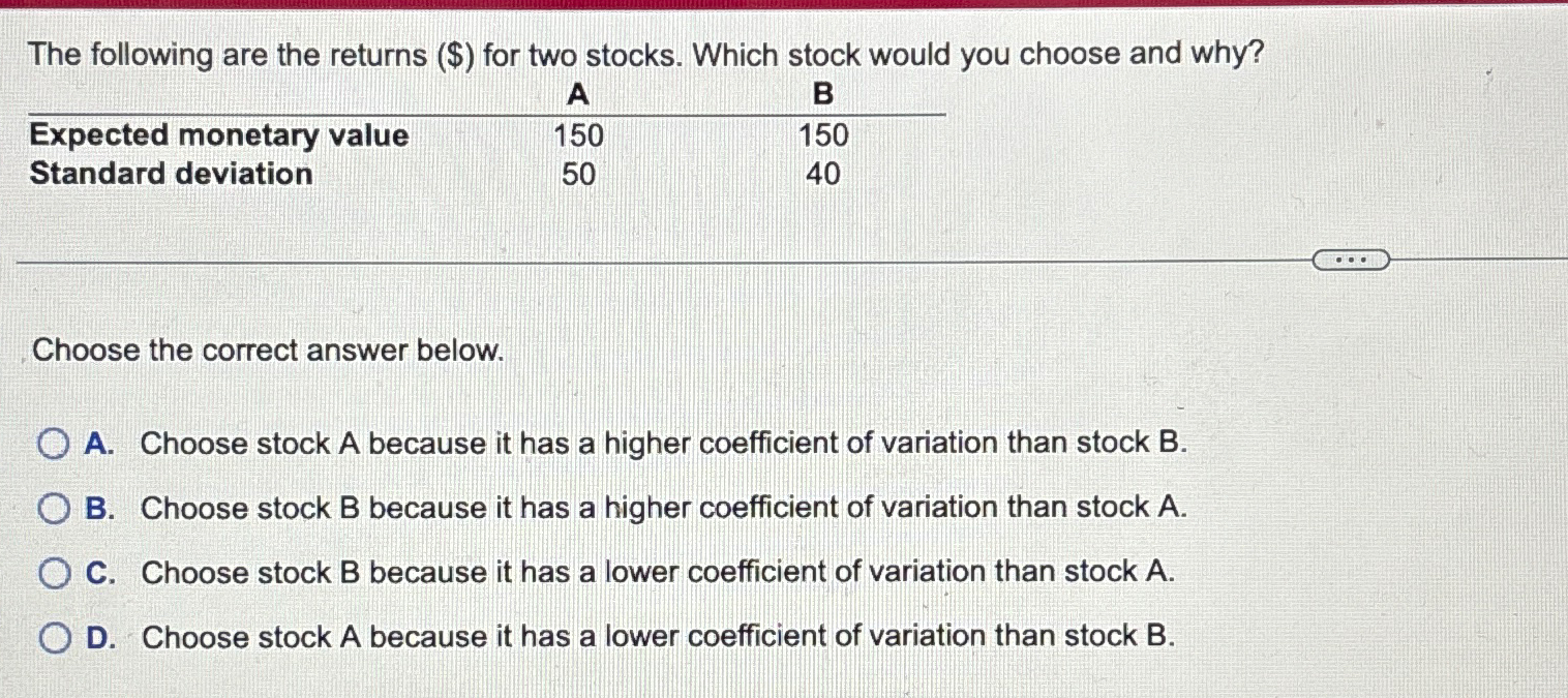 Solved The following are the returns ($) ﻿for two stocks. | Chegg.com