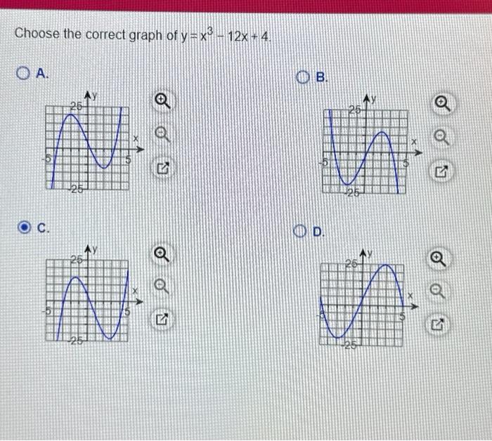 Solved Choose the correct graph of y=x3−12x+4 A. c. c. B. | Chegg.com