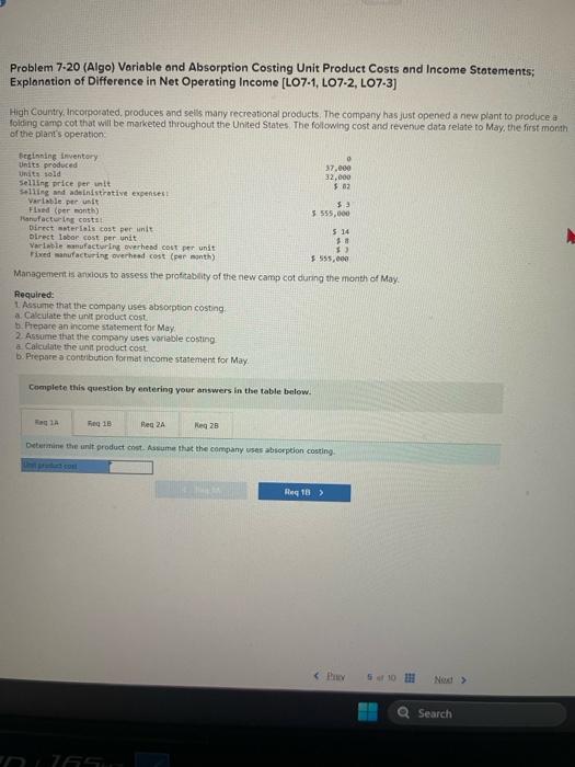 Solved Problem 7.20 (Algo) Variable and Absorption Costing | Chegg.com